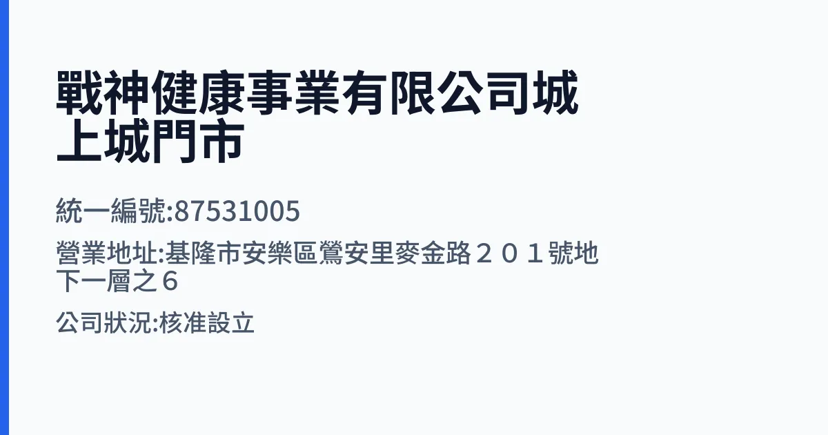 戰神健康事業有限公司城上城門市 - 統編 87531005(基隆市) 公司登記資料與營業項目詳細圖表