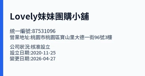 Lovely妹妹團購小舖的照片-統編 87531096(桃園市) 公司登記資料與營業項目詳細圖表