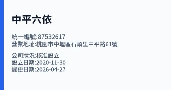 中平六依的照片-統編 87532617(桃園市) 公司登記資料與營業項目詳細圖表