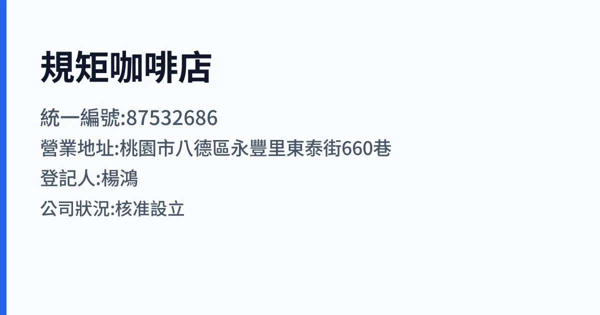 規矩咖啡店 - 統編 87532686(桃園市) 公司登記資料與營業項目詳細圖表
