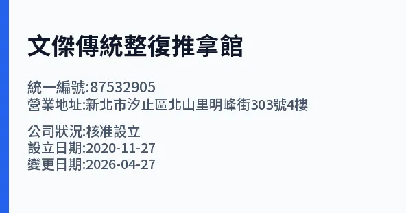 文傑傳統整復推拿館的照片-統編 87532905(新北市) 公司登記資料與營業項目詳細圖表