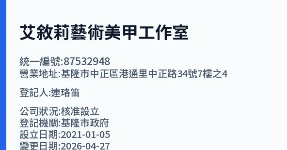 艾敘莉藝術美甲工作室的照片-統編 87532948(基隆市) 公司登記資料與營業項目詳細圖表
