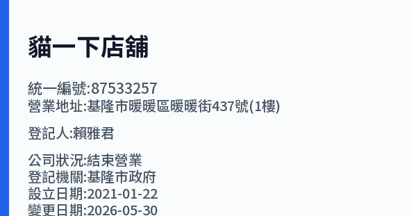 貓一下店舖的照片-統編 87533257(基隆市) 公司登記資料與營業項目詳細圖表