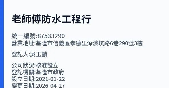 老師傅防水工程行的照片-統編 87533290(基隆市) 公司登記資料與營業項目詳細圖表