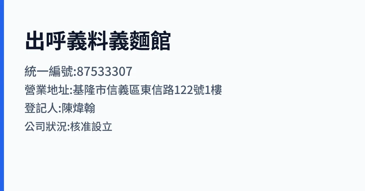 出呼義料義麵館 - 統編 87533307(基隆市) 公司登記資料與營業項目詳細圖表
