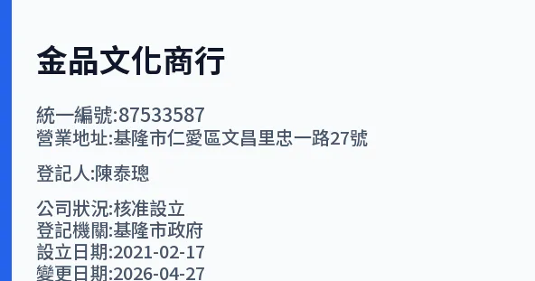 金品文化商行的照片-統編 87533587(基隆市) 公司登記資料與營業項目詳細圖表