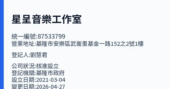 星呈音樂工作室的照片-統編 87533799(基隆市) 公司登記資料與營業項目詳細圖表