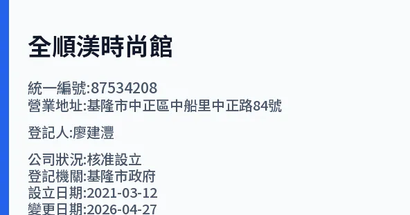 全順渼時尚館的照片-統編 87534208(基隆市) 公司登記資料與營業項目詳細圖表