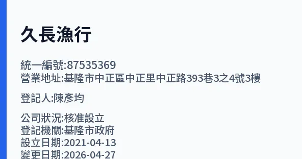 久長漁行的照片-統編 87535369(基隆市) 公司登記資料與營業項目詳細圖表