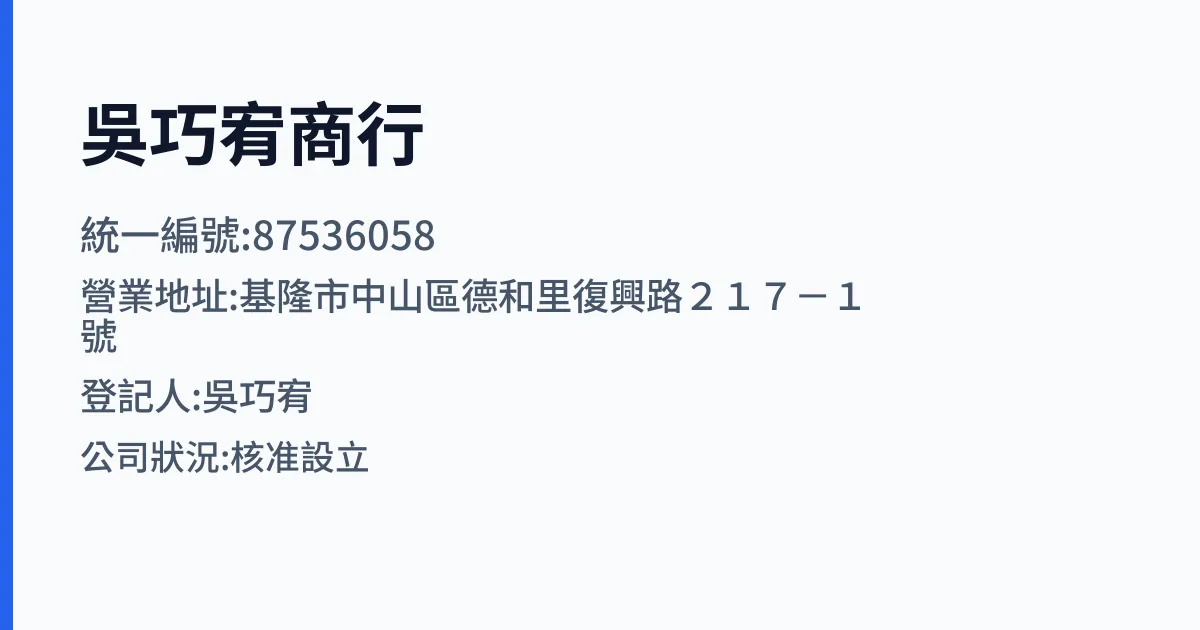 吳巧宥商行 - 統編 87536058(基隆市) 公司登記資料與營業項目詳細圖表