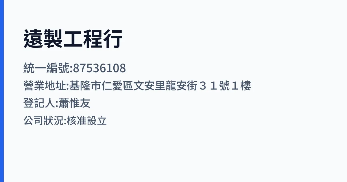 遠製工程行 - 統編 87536108（基隆市） 公司登記資料與營業項目詳細圖表