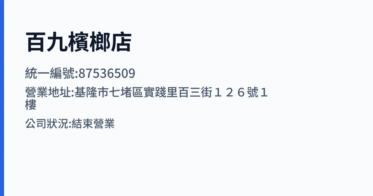 百九檳榔店 - 統編 87536509（基隆市） 公司登記資料與營業項目詳細圖表