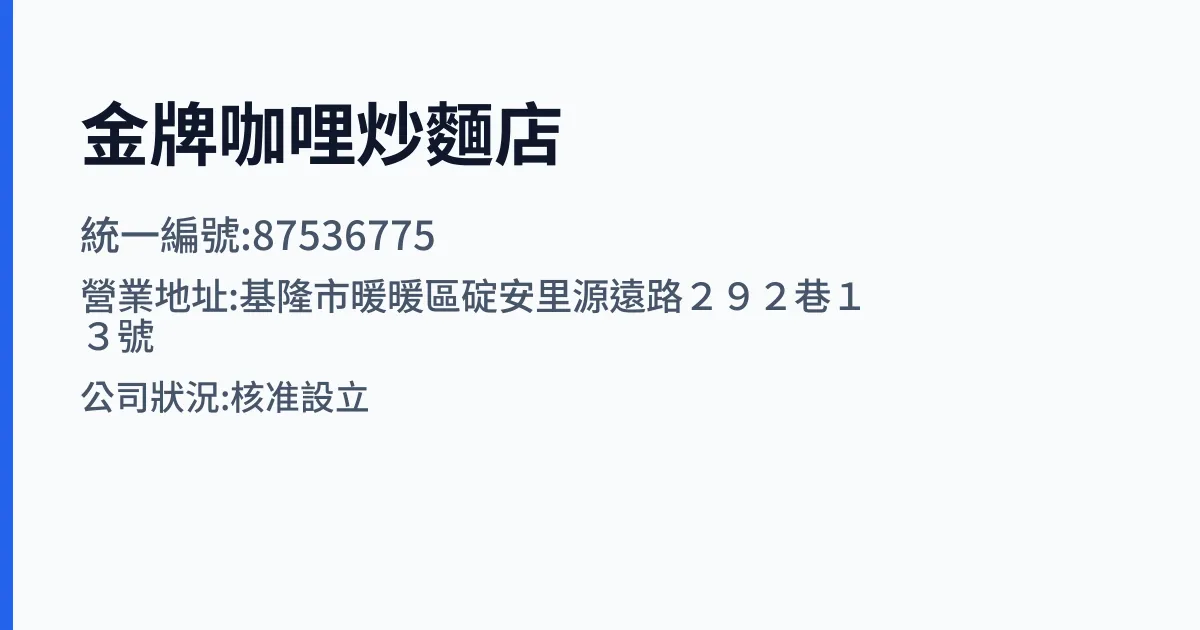 金牌咖哩炒麵店 - 統編 87536775(基隆市) 公司登記資料與營業項目詳細圖表