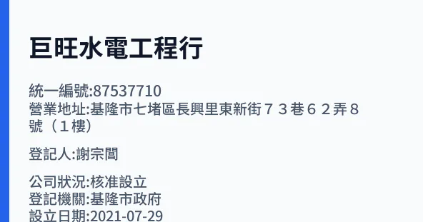巨旺水電工程行的照片-統編 87537710(基隆市) 公司登記資料與營業項目詳細圖表