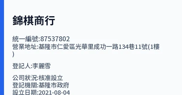 錦棋商行的照片-統編 87537802(基隆市) 公司登記資料與營業項目詳細圖表