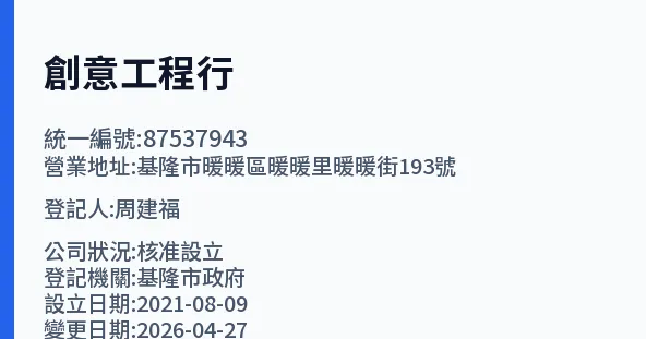 創意工程行的照片-統編 87537943(基隆市) 公司登記資料與營業項目詳細圖表