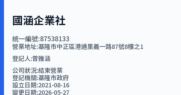 國涵企業社的照片-統編 87538133(基隆市) 公司登記資料與營業項目詳細圖表
