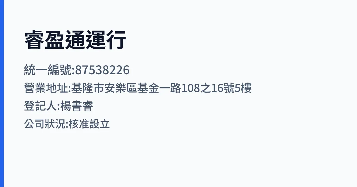 睿盈通運行 - 統編 87538226(基隆市) 公司登記資料與營業項目詳細圖表