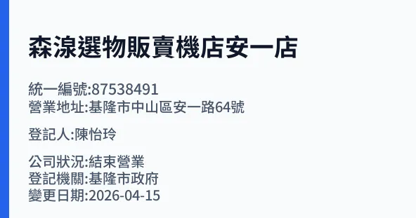 森湶選物販賣機店安一店的照片-統編 87538491(基隆市) 公司登記資料與營業項目詳細圖表