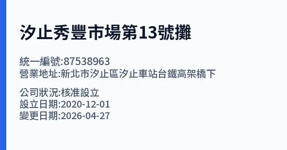 汐止秀豐市場第13號攤的照片-統編 87538963(新北市) 公司登記資料與營業項目詳細圖表
