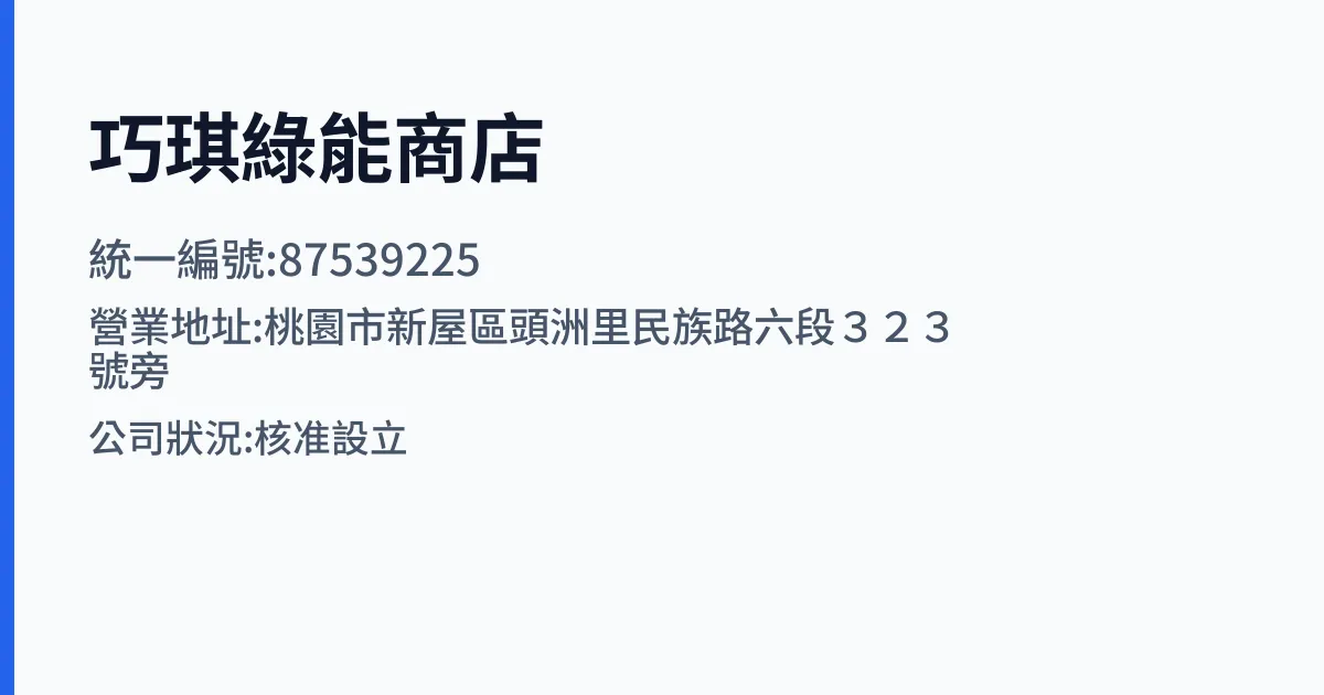 巧琪綠能商店 - 統編 87539225(桃園市) 公司登記資料與營業項目詳細圖表