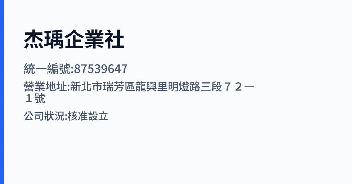 杰瑀企業社 - 統編 87539647(新北市) 公司登記資料與營業項目詳細圖表
