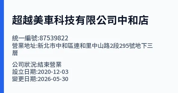 超越美車科技有限公司中和店的照片-統編 87539822(新北市) 公司登記資料與營業項目詳細圖表
