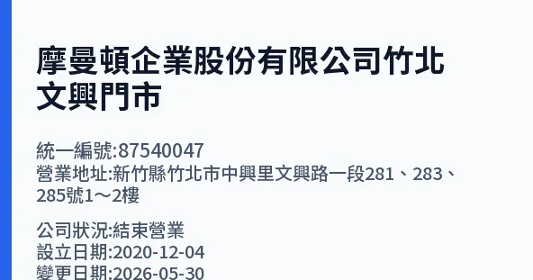 摩曼頓企業股份有限公司竹北文興門市的照片-統編 87540047(新竹縣) 公司登記資料與營業項目詳細圖表