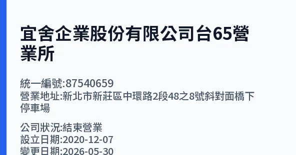 宜舍企業股份有限公司台65營業所的照片-統編 87540659(新北市) 公司登記資料與營業項目詳細圖表