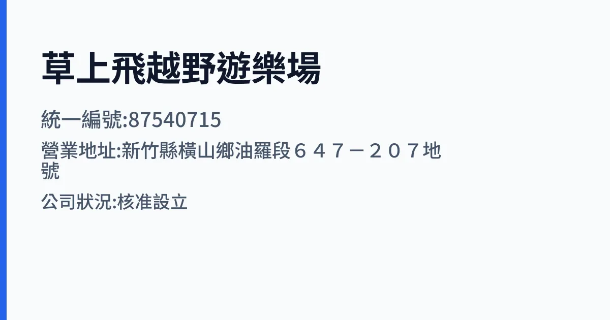 草上飛越野遊樂場 - 統編 87540715(新竹縣) 公司登記資料與營業項目詳細圖表