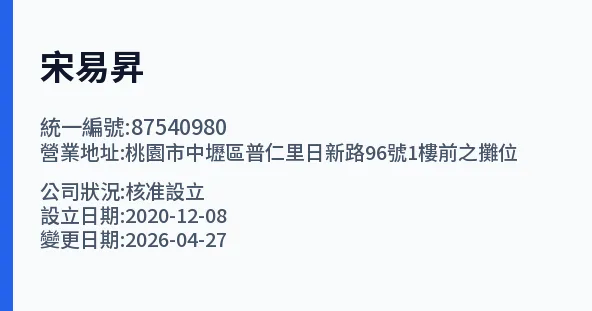 宋易昇的照片-統編 87540980(桃園市) 公司登記資料與營業項目詳細圖表