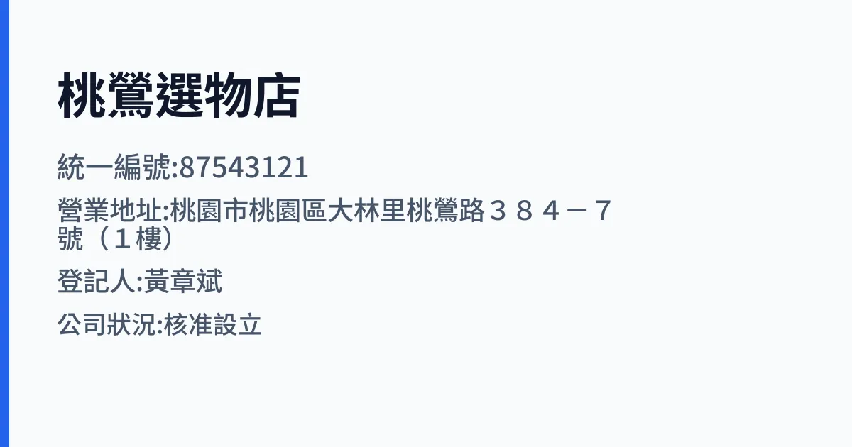 桃鶯選物店 - 統編 87543121（桃園市） 公司登記資料與營業項目詳細圖表