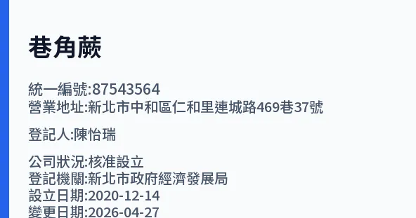 巷角蕨的照片-統編 87543564(新北市) 公司登記資料與營業項目詳細圖表