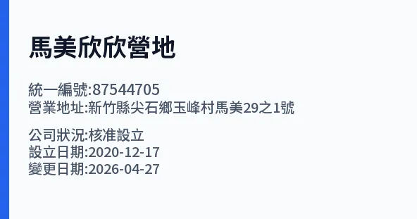 馬美欣欣營地的照片-統編 87544705(新竹縣) 公司登記資料與營業項目詳細圖表