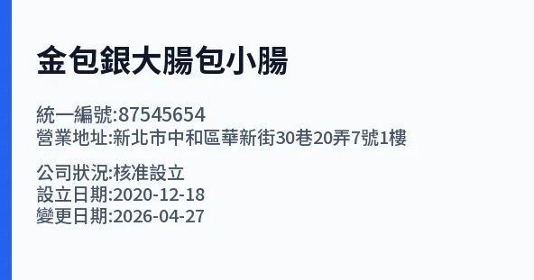 金包銀大腸包小腸的照片-統編 87545654(新北市) 公司登記資料與營業項目詳細圖表