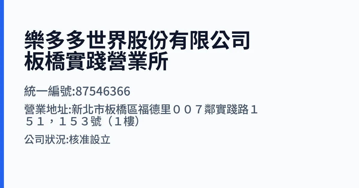 樂多多世界股份有限公司板橋實踐營業所 - 統編 87546366(新北市) 公司登記資料與營業項目詳細圖表