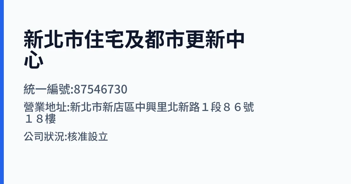 新北市住宅及都市更新中心 - 統編 87546730(新北市) 公司登記資料與營業項目詳細圖表