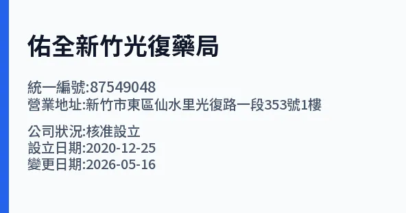 佑全新竹光復藥局的照片-統編 87549048(新竹市) 公司登記資料與營業項目詳細圖表