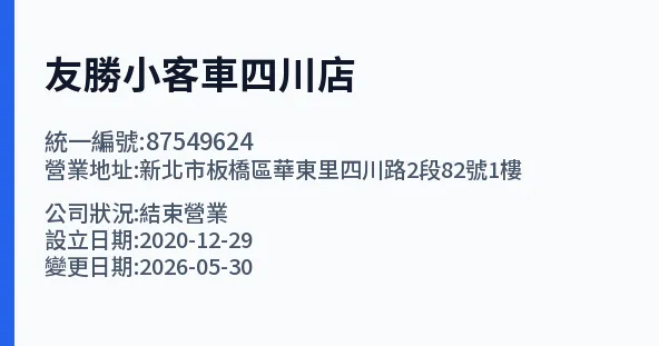 友勝小客車四川店的照片-統編 87549624(新北市) 公司登記資料與營業項目詳細圖表