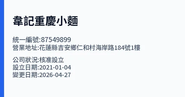 韋記重慶小麵的照片-統編 87549899(花蓮縣) 公司登記資料與營業項目詳細圖表
