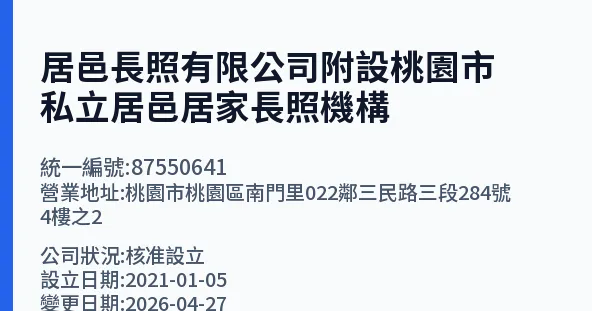 居邑長照有限公司附設桃園市私立居邑居家長照機構的照片-統編 87550641(桃園市) 公司登記資料與營業項目詳細圖表