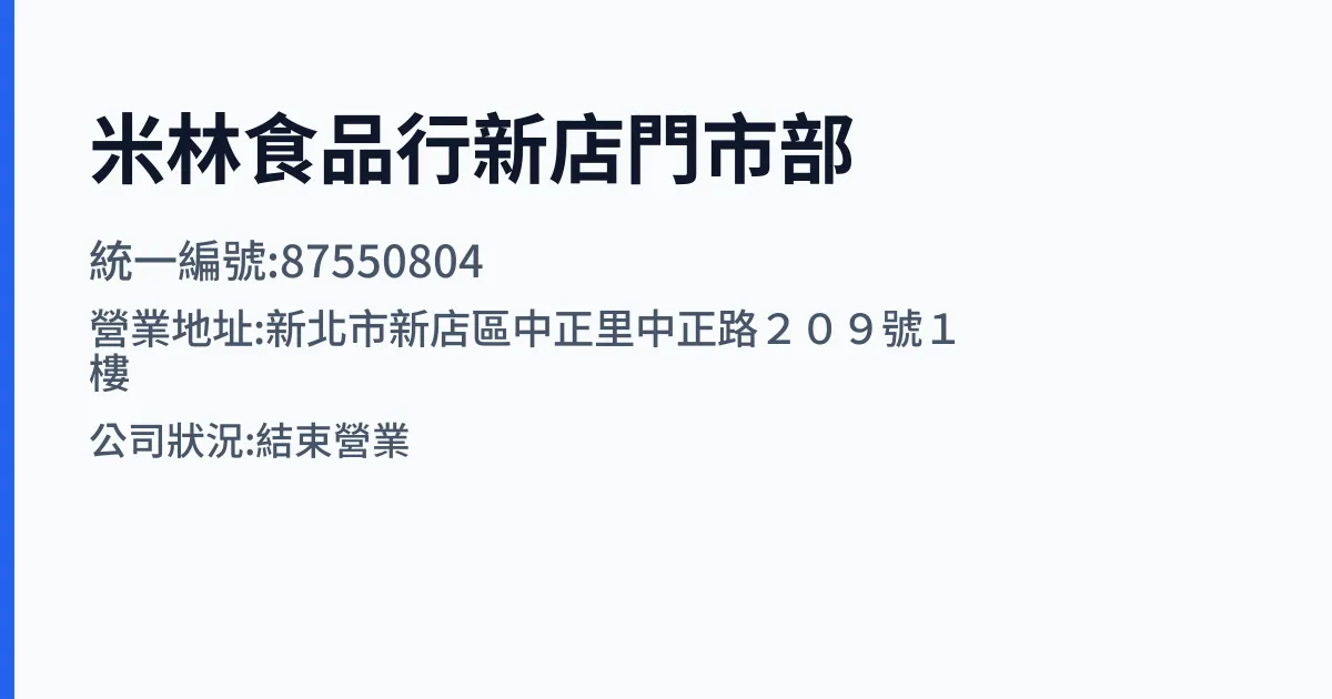 米林食品行新店門市部 - 統編 87550804(新北市) 公司登記資料與營業項目詳細圖表