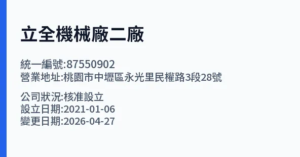 立全機械廠二廠的照片-統編 87550902(桃園市) 公司登記資料與營業項目詳細圖表