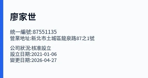廖家世的照片-統編 87551135(新北市) 公司登記資料與營業項目詳細圖表