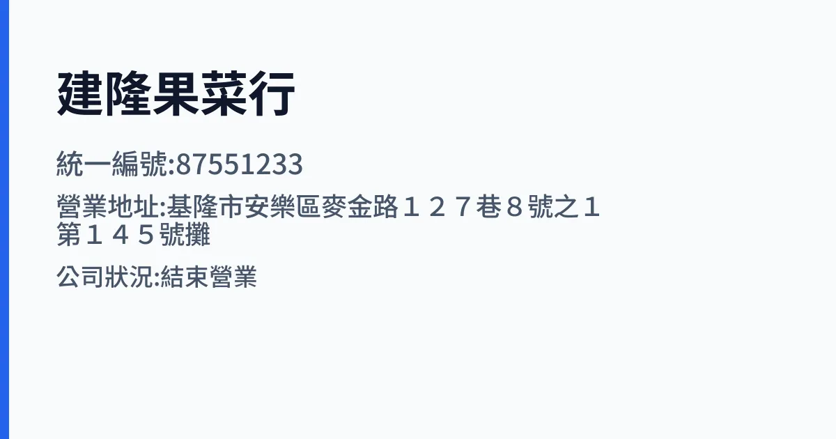 建隆果菜行 - 統編 87551233(基隆市) 公司登記資料與營業項目詳細圖表
