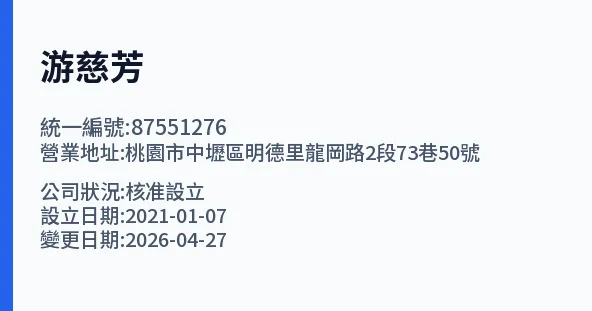 游慈芳的照片-統編 87551276(桃園市) 公司登記資料與營業項目詳細圖表