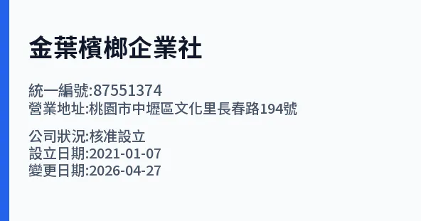 金葉檳榔企業社的照片-統編 87551374(桃園市) 公司登記資料與營業項目詳細圖表