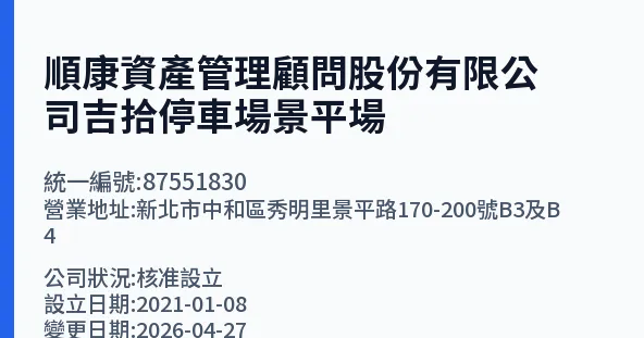 順康資產管理顧問股份有限公司吉拾停車場景平場的照片-統編 87551830(新北市) 公司登記資料與營業項目詳細圖表