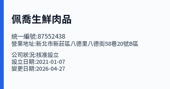 佩喬生鮮肉品的照片-統編 87552438(新北市) 公司登記資料與營業項目詳細圖表