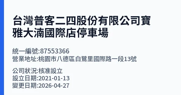 台灣普客二四股份有限公司寶雅大湳國際店停車場的照片-統編 87553366(桃園市) 公司登記資料與營業項目詳細圖表